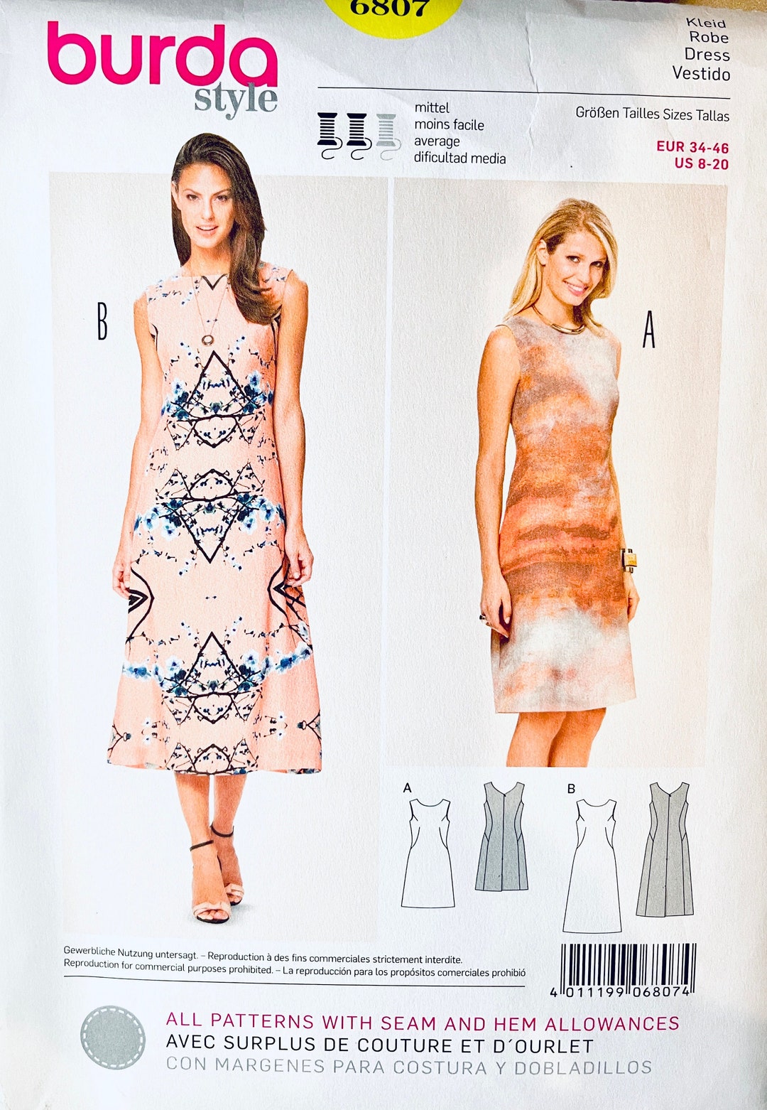 BURDA 6807 DRESS Pattern Sleeveless One-piece Sheath Dress Size 8 to 20 ...