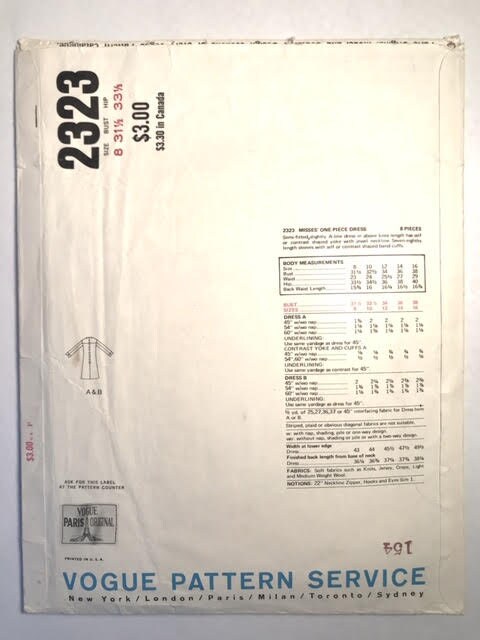 1970s VOGUE 2323 DRESS PATTERN Mod Mini Dress Pattern Pierre Cardin ...