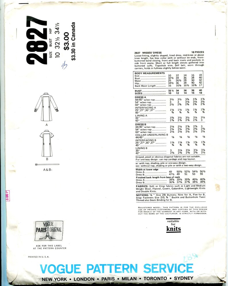 1970s VOGUE 2827 DRESS PATTERN Shirtwaist Button Front Dress Pierre ...