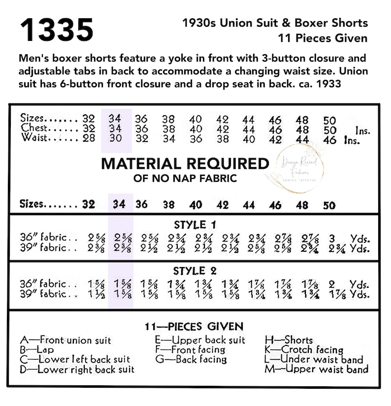 1930s Vintage Sewing Pattern 30s Classic Union Suit & Boxer Shorts 34 ...