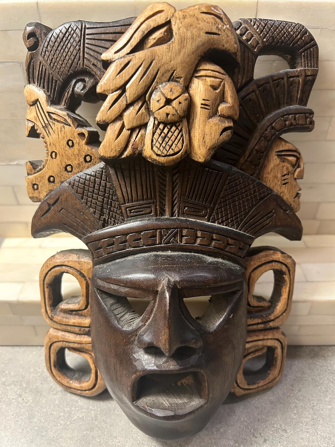 Tribal Mask Mayan Aztec Warrior Headdress Hand Carved Wood 3D Folk Art ...