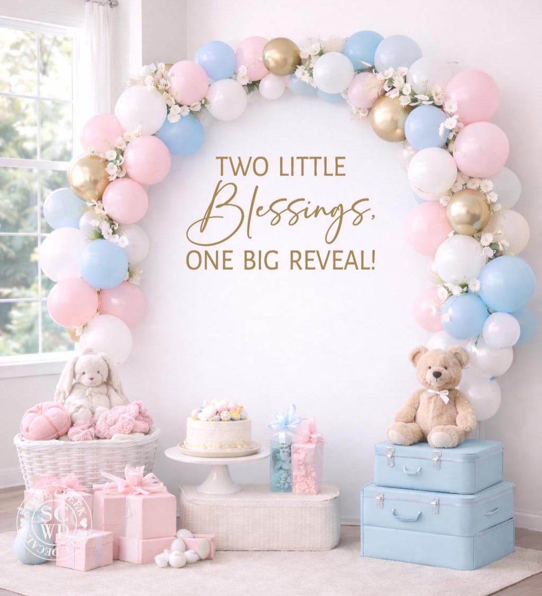 Twins Gender Reveal Backdrop Decal |two Little Blessings One Big Reveal ...
