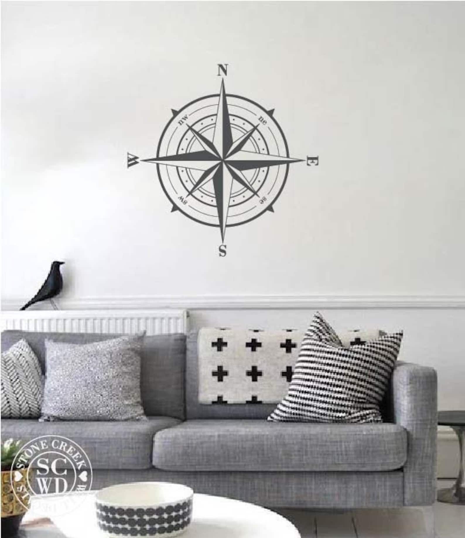 Compass Wall Decal, Vinyl Nautical Compass Decal, Beach Wall Decals for ...