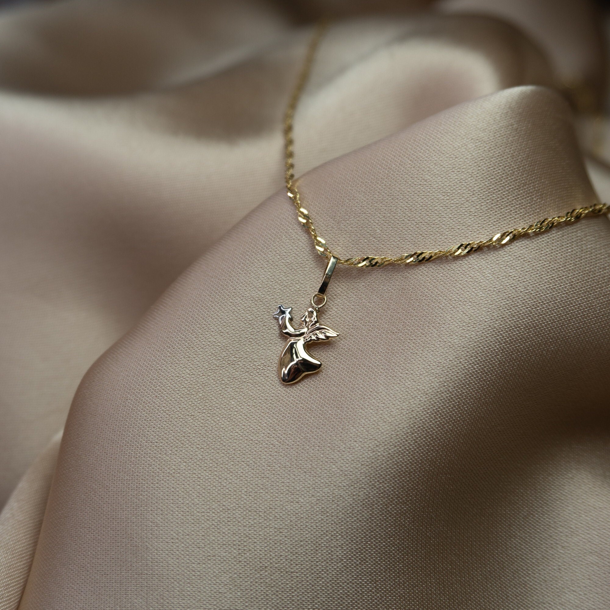 14K Solid Gold Guardian Angel Pendant Rope Chain Necklace | Angel ...