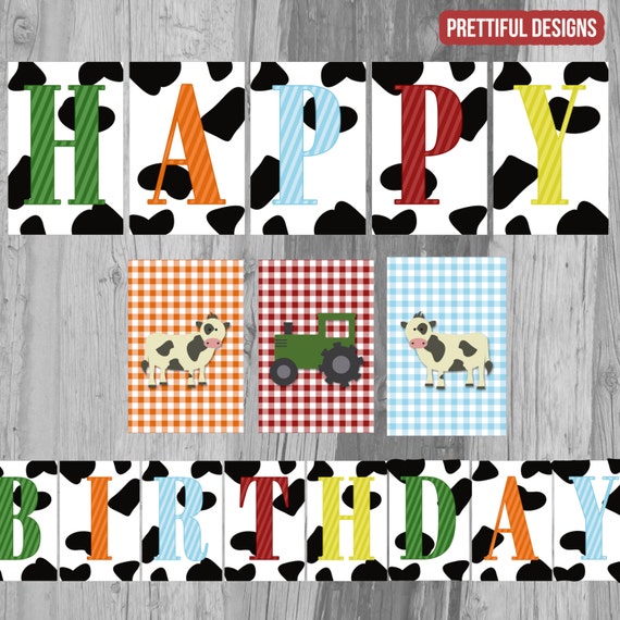 Farm Animal Cow Print Happy Birthday Banner - Digital File - Instant ...