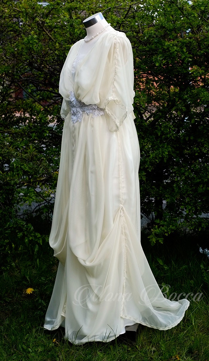Cream Edwardian Wedding Dress With Pearls and Silver Beads | Etsy
