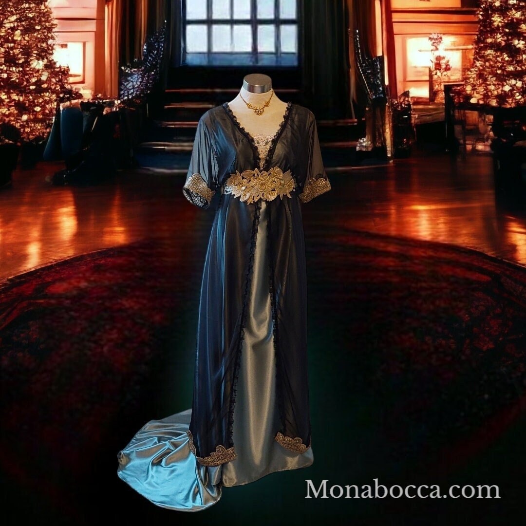 Eleanor Light Teal and Black Edwardian Dress With Gold Lace. Promenade ...