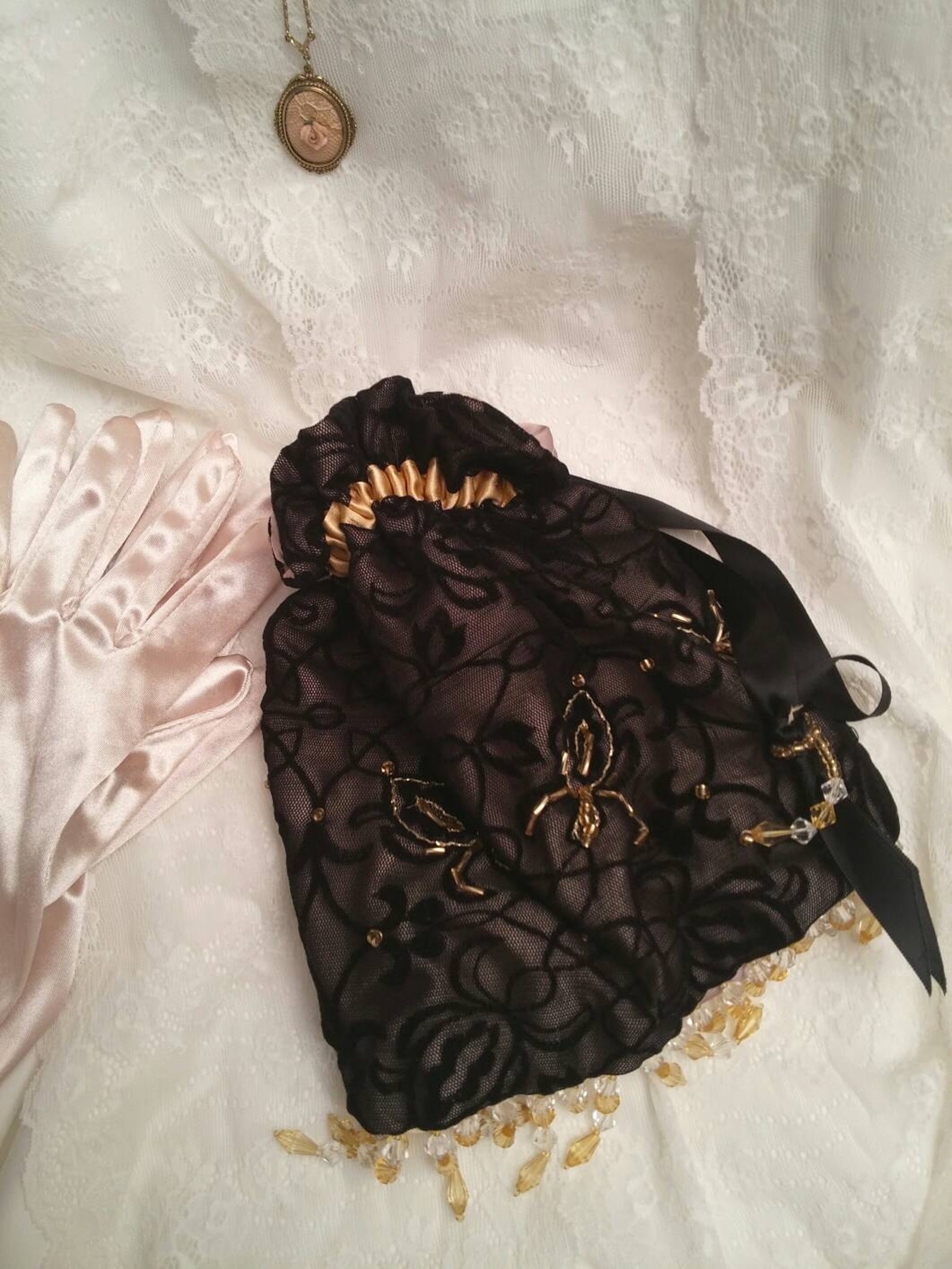 Black Edwardian Bag Handmade, Regency Drawstring Bag, Edwardian Purse ...