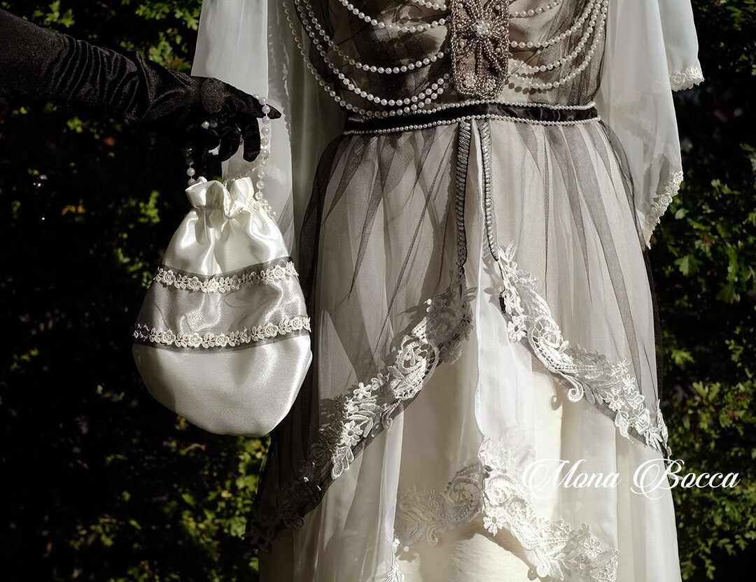 Ivory Black Handmade Edwardian Bag With Pearls, Regency Drawstring Bag ...