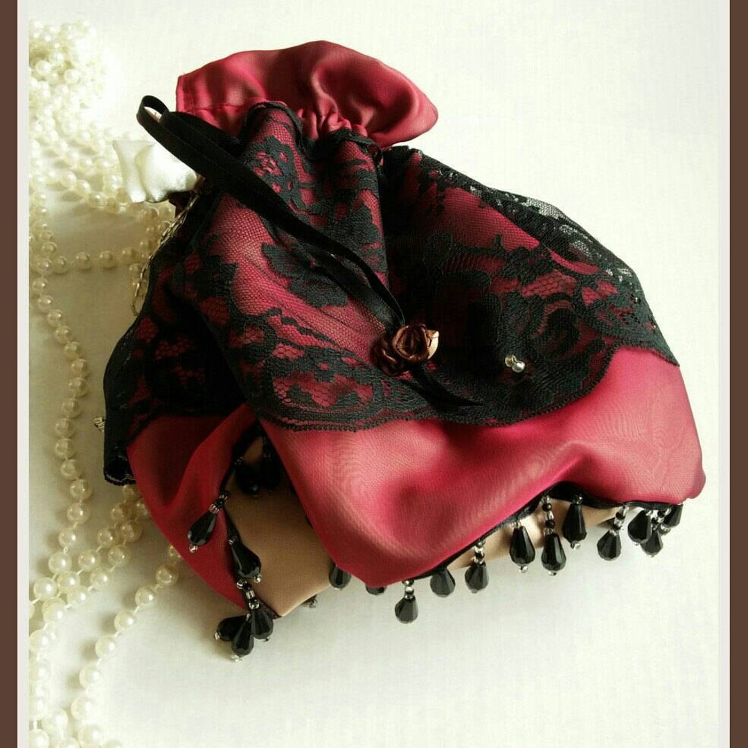 Burgundy Edwardian Bag Handmade, Regency Drawstring Bag, Edwardian ...