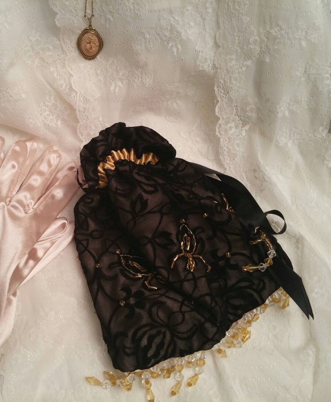 Black Edwardian Bag Handmade, Regency Drawstring Bag, Edwardian Purse ...