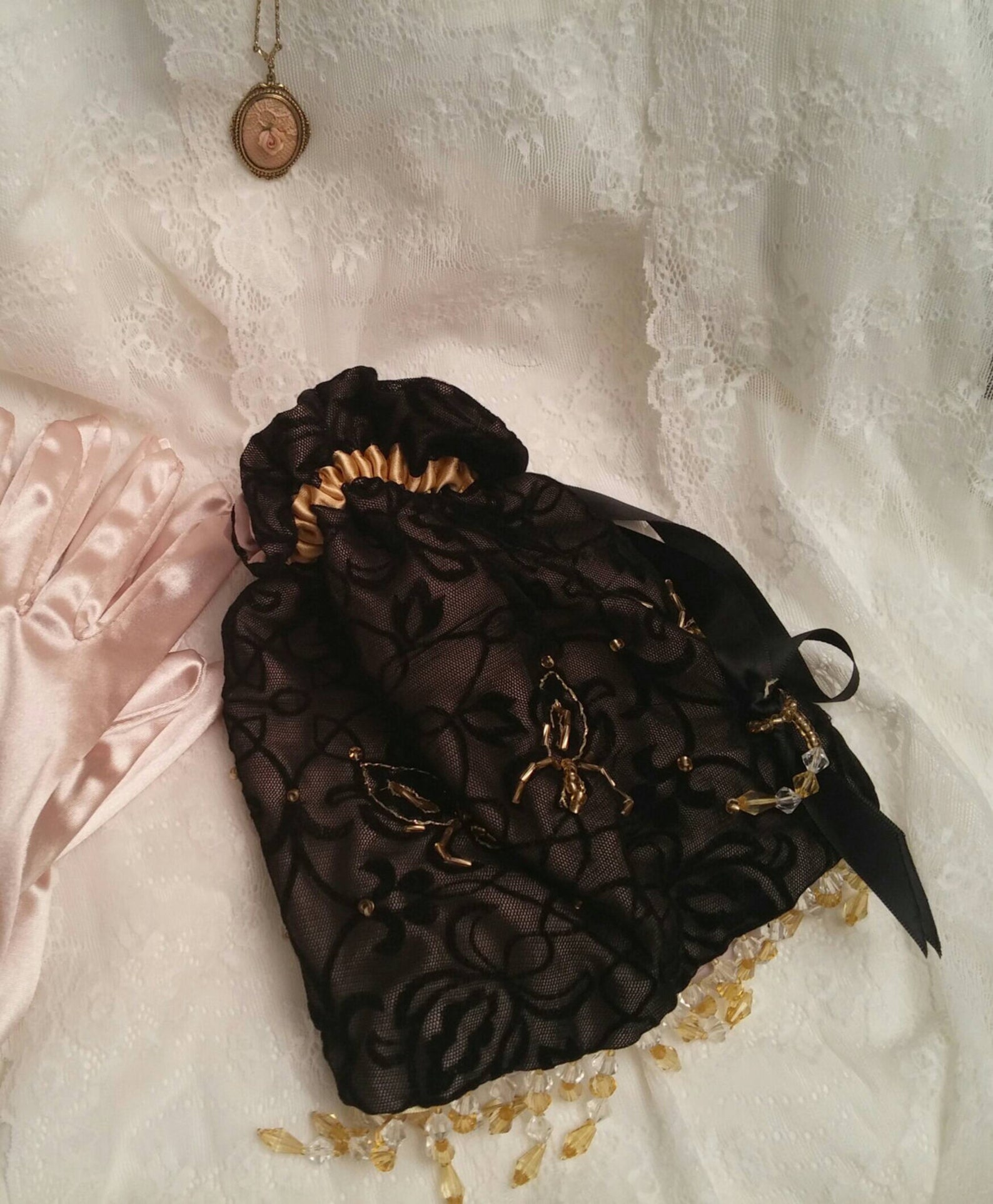 Black Edwardian Bag Handmade, Regency Drawstring Bag, Edwardian Purse ...