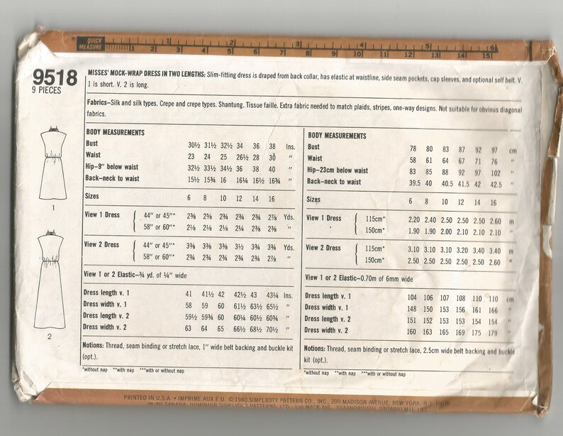 9518 Simplicity Sewing Pattern Mock Wrap Dress Choice Length - Etsy
