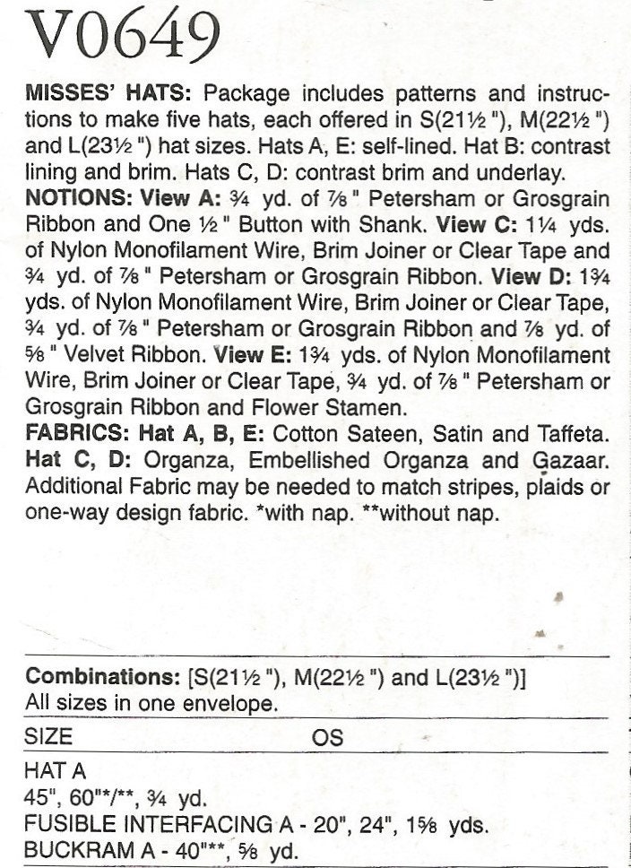 649 Vogue Sewing Pattern UNCUT Hats Retro Fashion Accessory Patricia ...