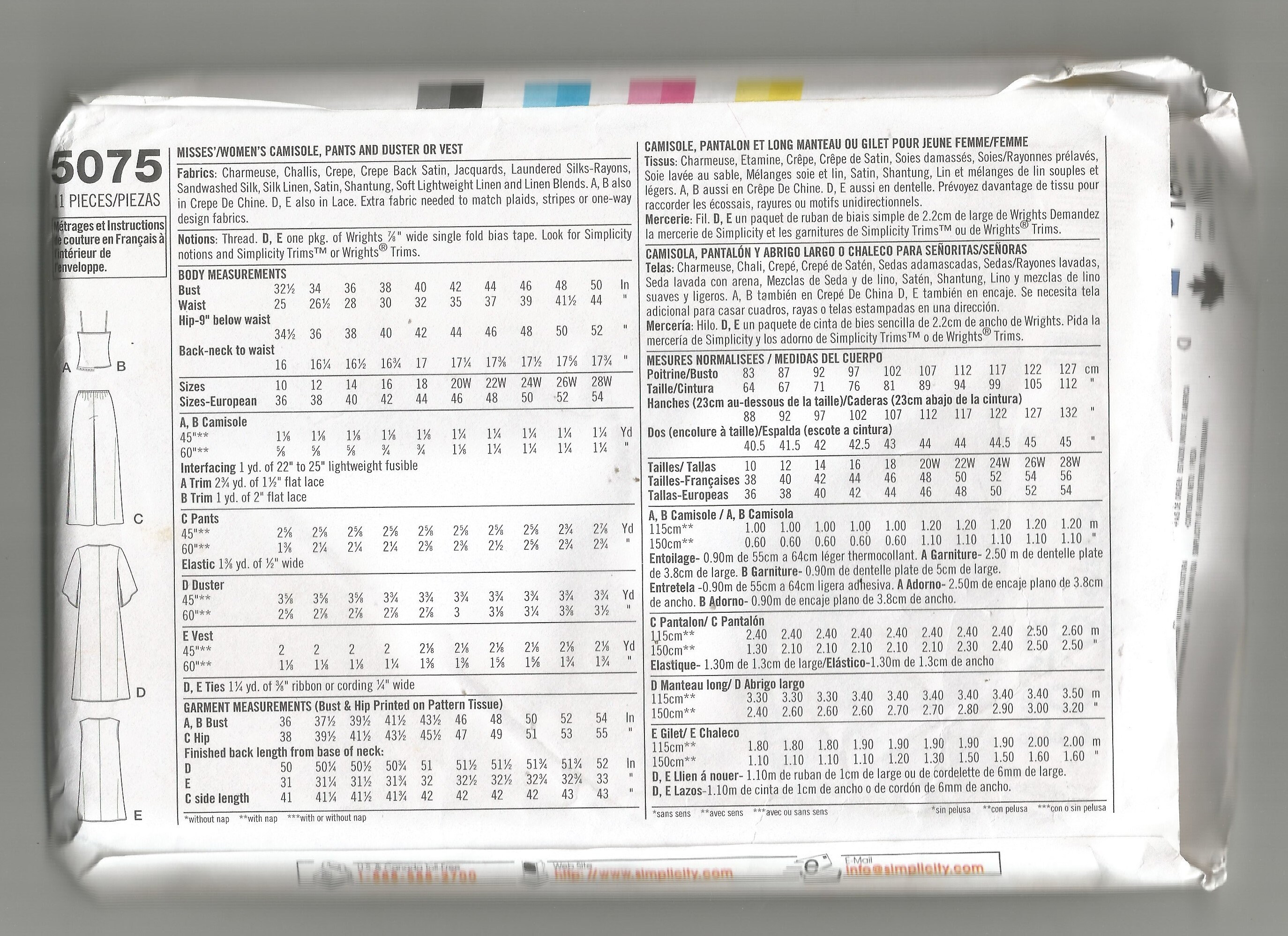 5075 Simplicity Sewing Pattern UNCUT Camisole Pants Duster Vest Plus ...