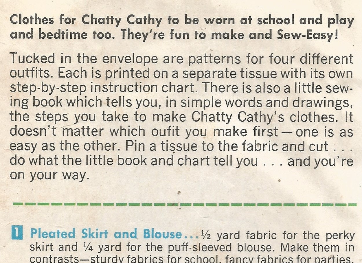 2897 Advance Sewing Pattern Chatty Cathy Doll Dress Pleated Skirt ...