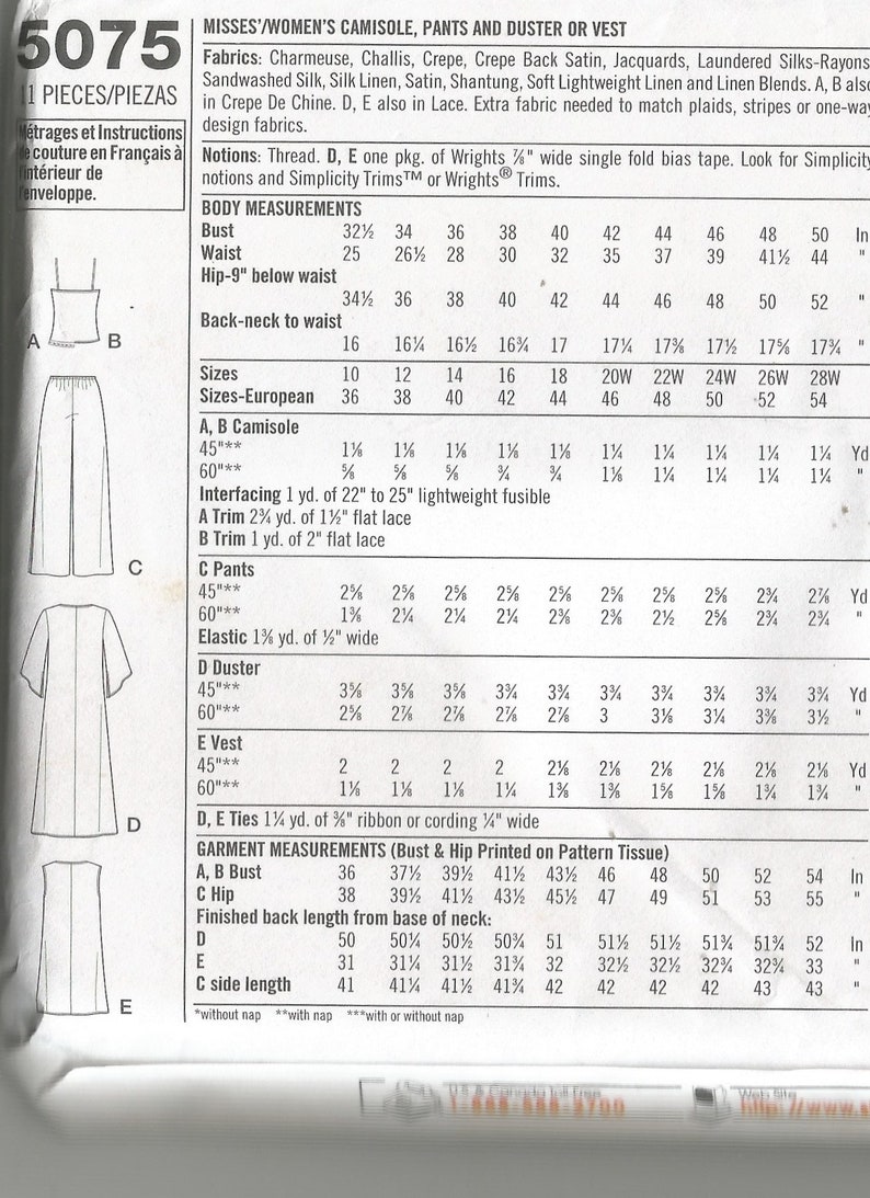 5075 Simplicity Sewing Pattern UNCUT Camisole Pants Duster - Etsy