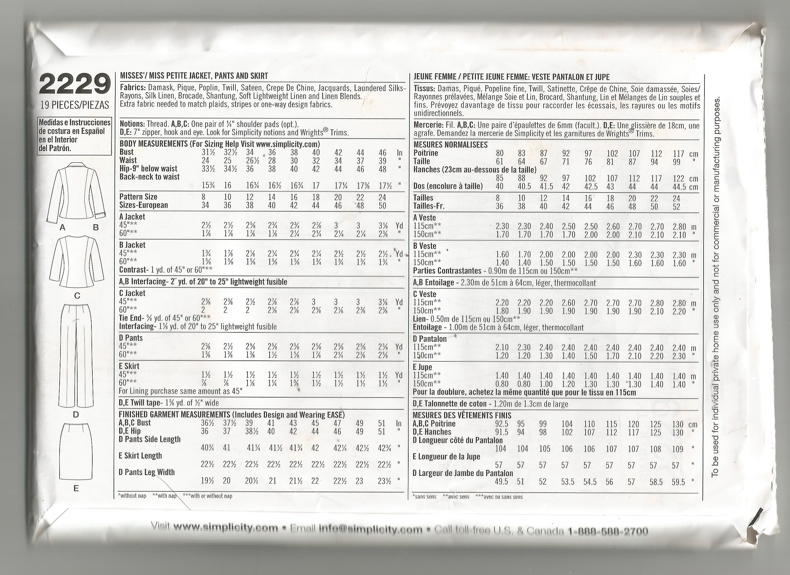 2229 Threads Sewing Pattern UNCUT Petite Jacket Pants Skirt Size 8 10 ...
