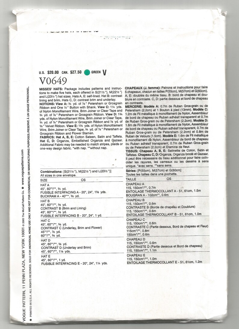 649 Vogue Sewing Pattern UNCUT Hats Retro Fashion Accessory - Etsy