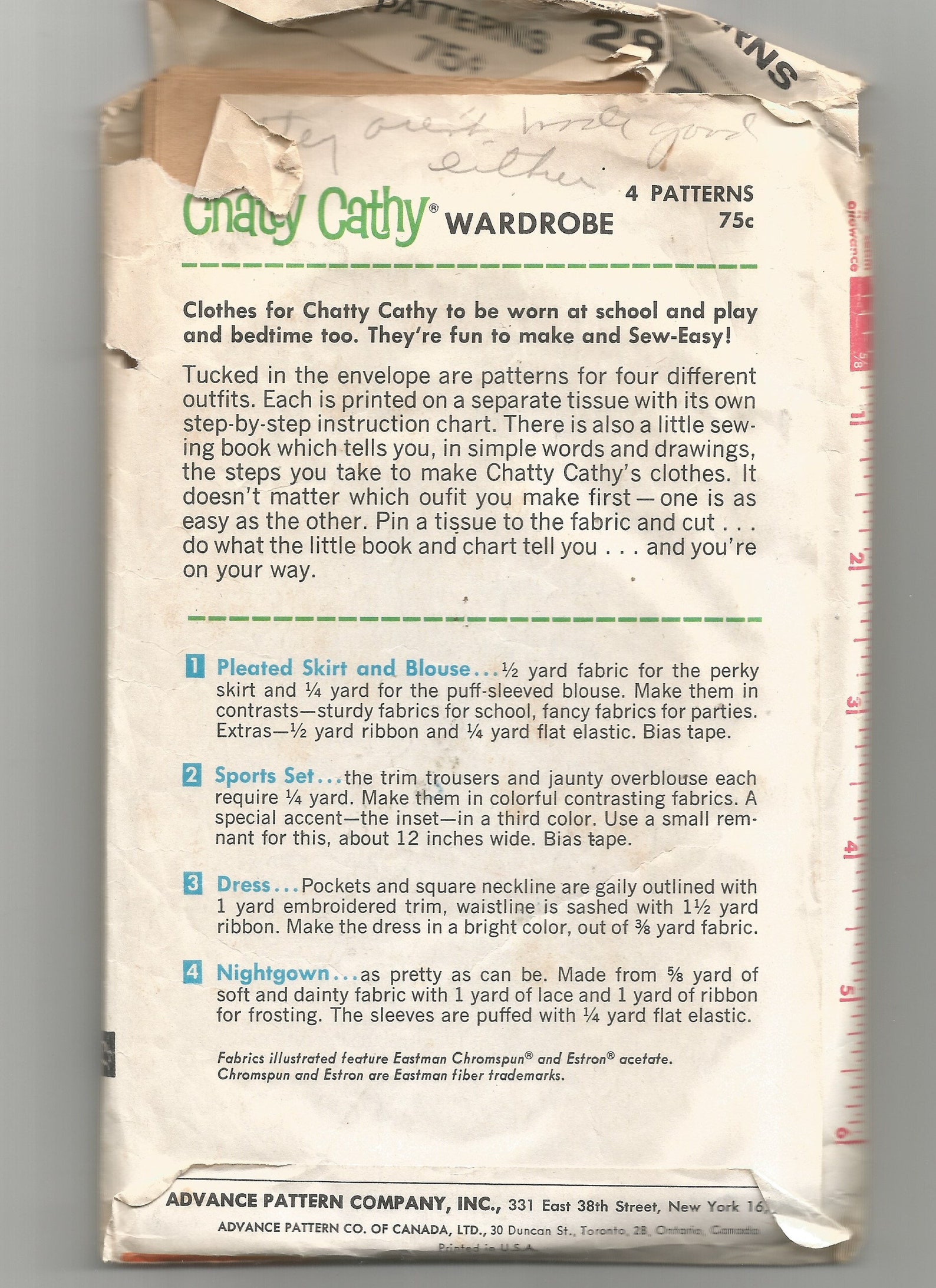 2897 Advance Sewing Pattern Chatty Cathy Doll Dress Pleated Skirt ...