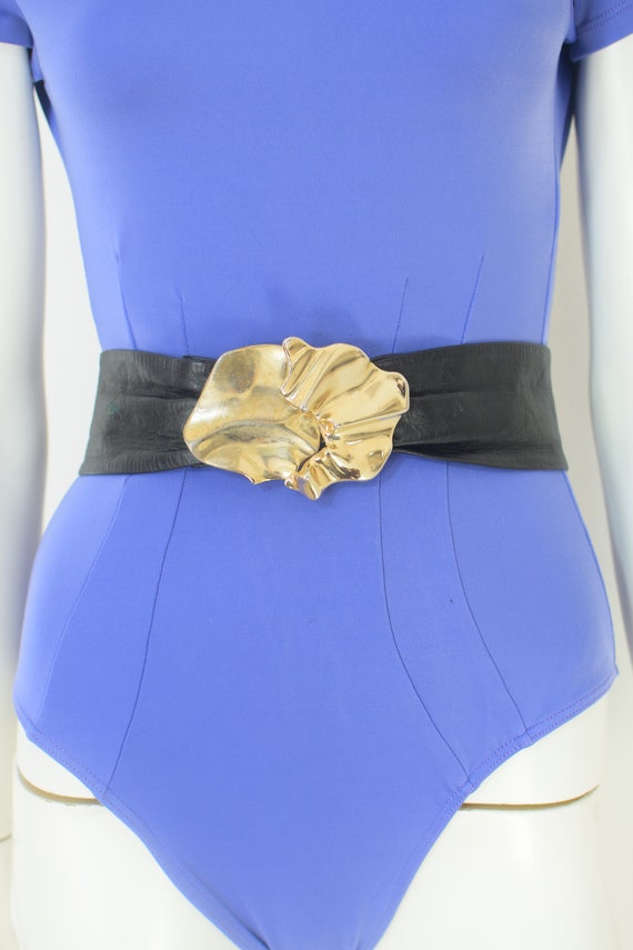 Handmade Art Belt/ 80s Black Metal Leather Belt/ Wome… - Gem