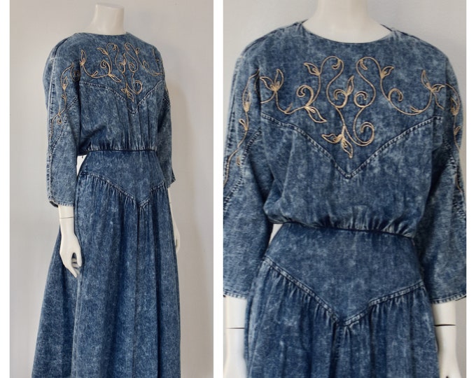 80s Acid Wash Dress/ 1980s Denim Midi Dress/ Bonjour Jeans Coveralls ...