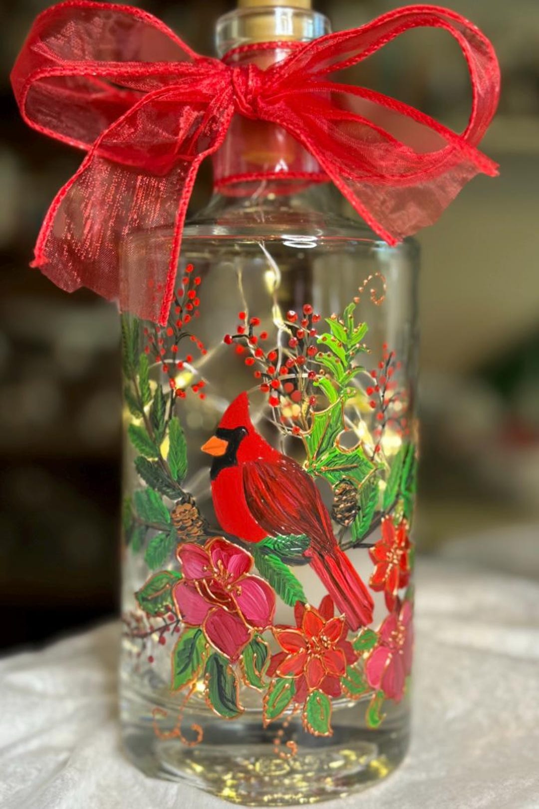 Beautiful Painted Cardinal, Red Cardinal Bottle With Fairy Lights ...