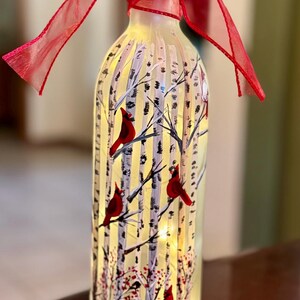 Painted Cardinal Wine Bottle With Fairy Lights - Etsy