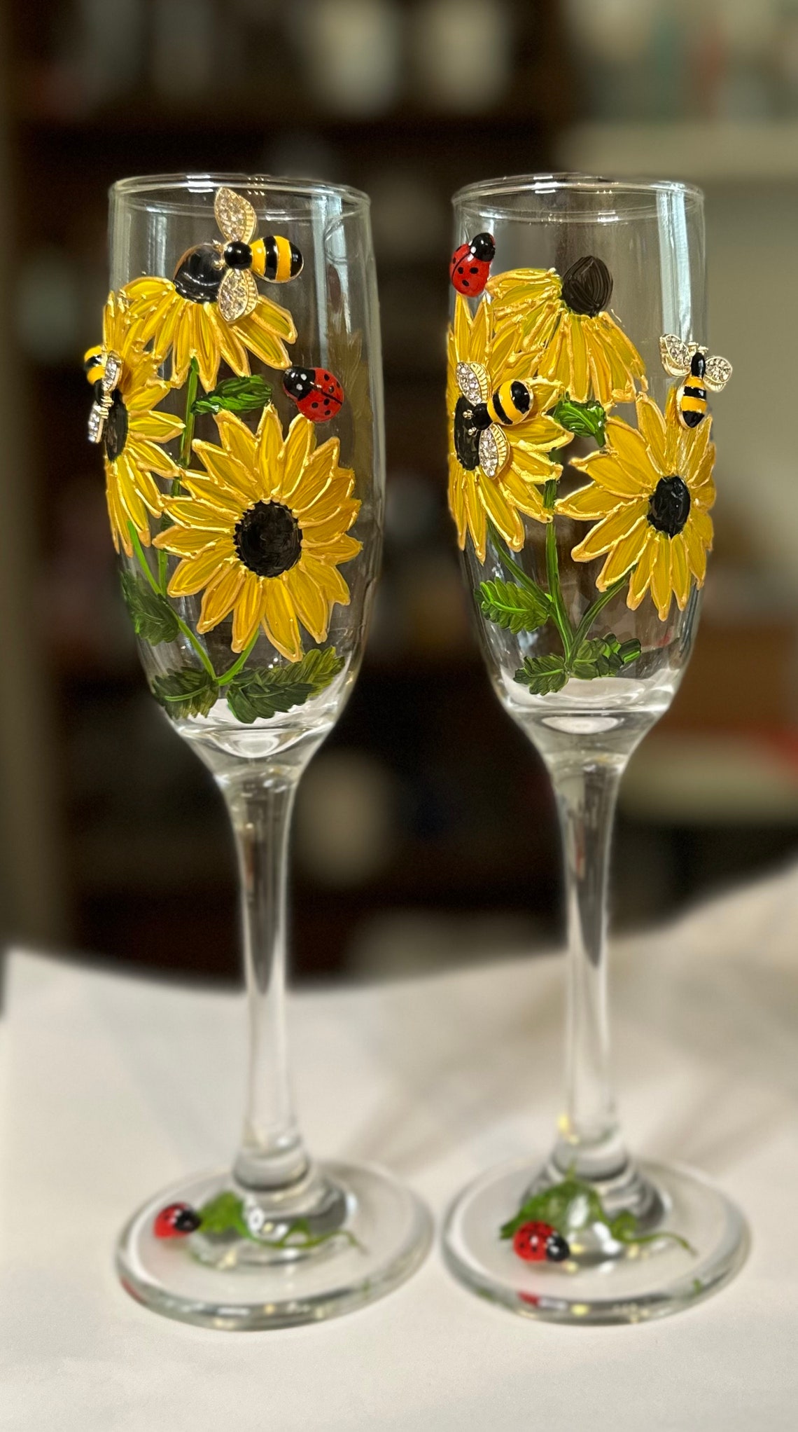 Set of Sunflower Champagne Flutes, Painted Sunflower Glasses, Honeybees ...