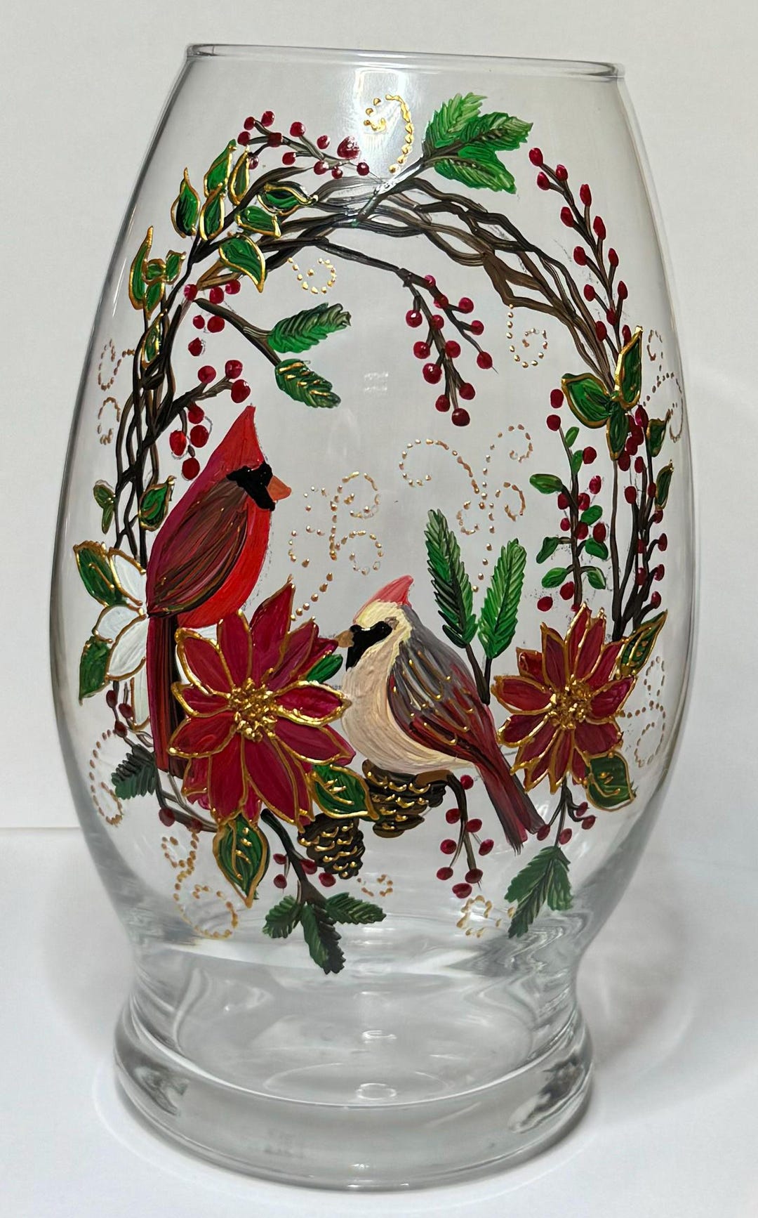 Exquisite Cardinal Vase, Painted Christmas Cardinals, Poinsettias ...