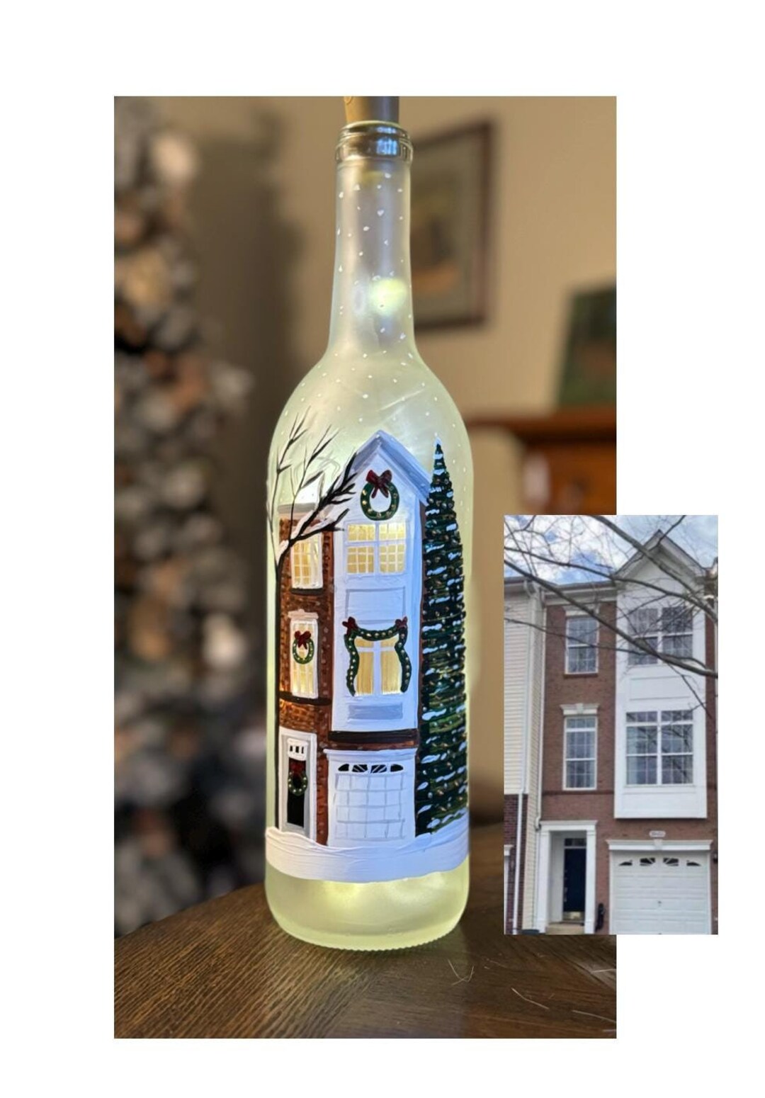 Custom Painted House, House Portrait, Painted Wine Bottle With Lights ...