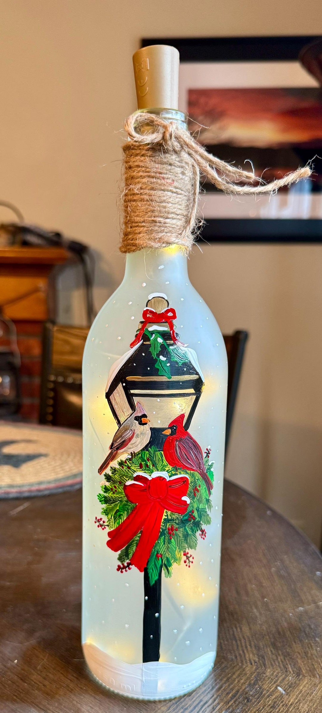 Christmas Cardinals Hand Painted Frosted Bottle With Fairy Light Accent ...