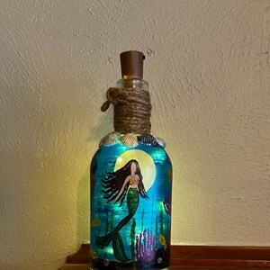 Mermaid Painted on Bottle With Lights, Whimsical Fairy Light Decor ...