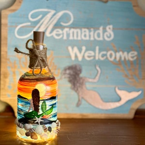 Mermaid Painted on Bottle With Lights and Seashells, Mermaid Art ...