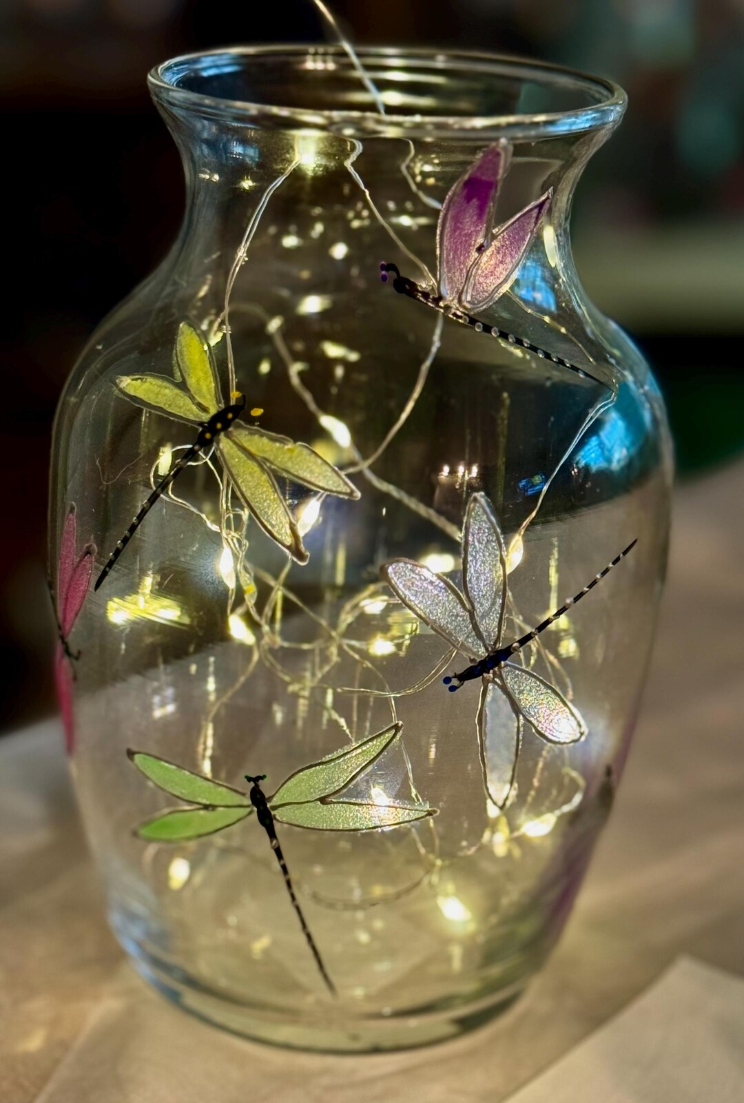 Dragonfly Vase, Painted Dragonflies With Fairy Lights, Dragonflies ...