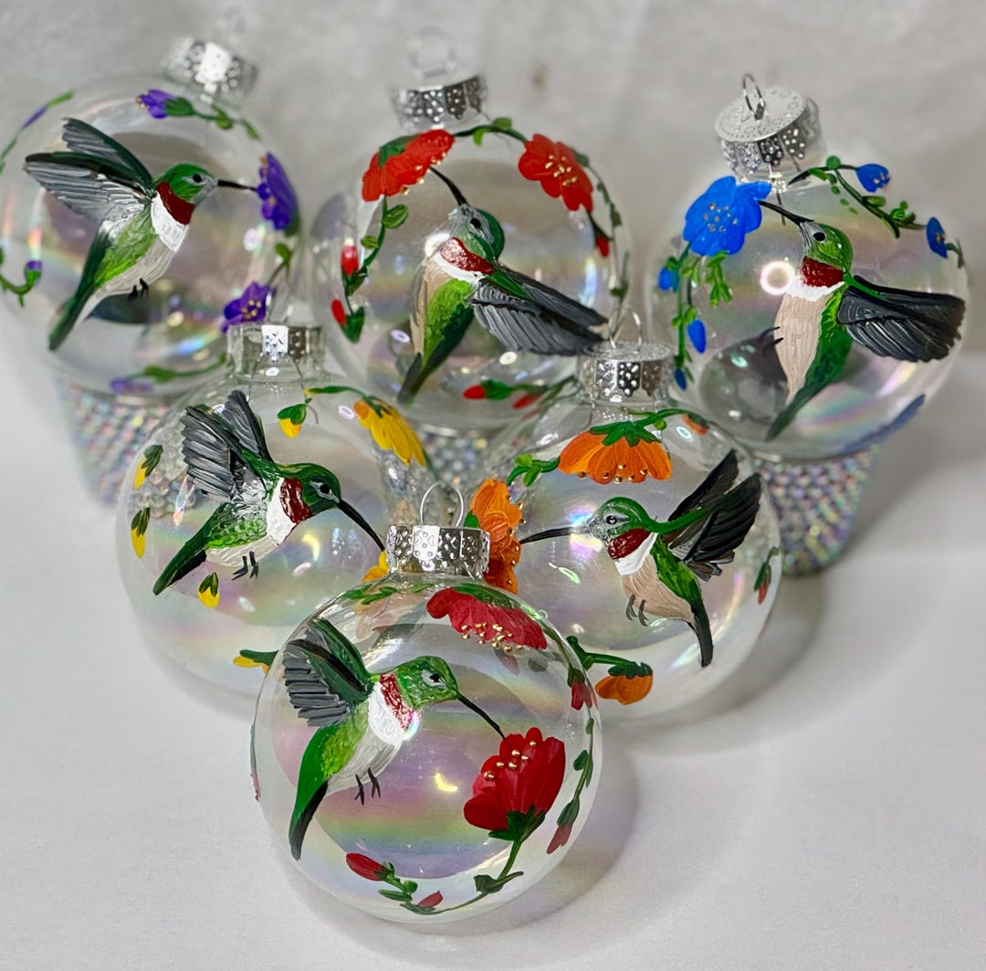 Set of 6 Hummingbird Christmas Ornaments, Hand Painted Hummingbirds ...