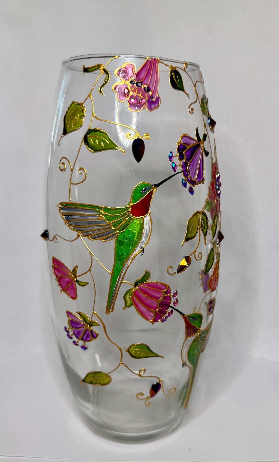 Vase, Exquisite Hand-painted Hummingbird Vase With Pink and Purple ...