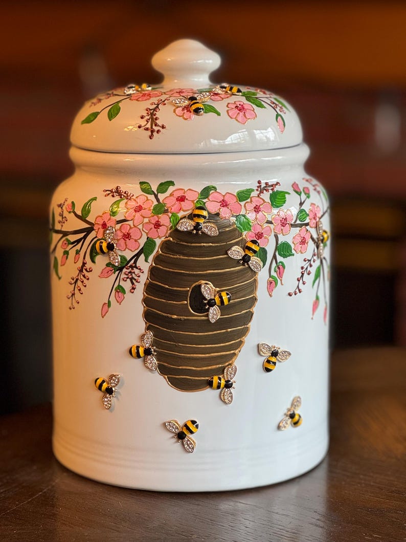 Hand-painted Honey Bee Ceramic Cookie Jar, Beehive & Cherry Blossom ...