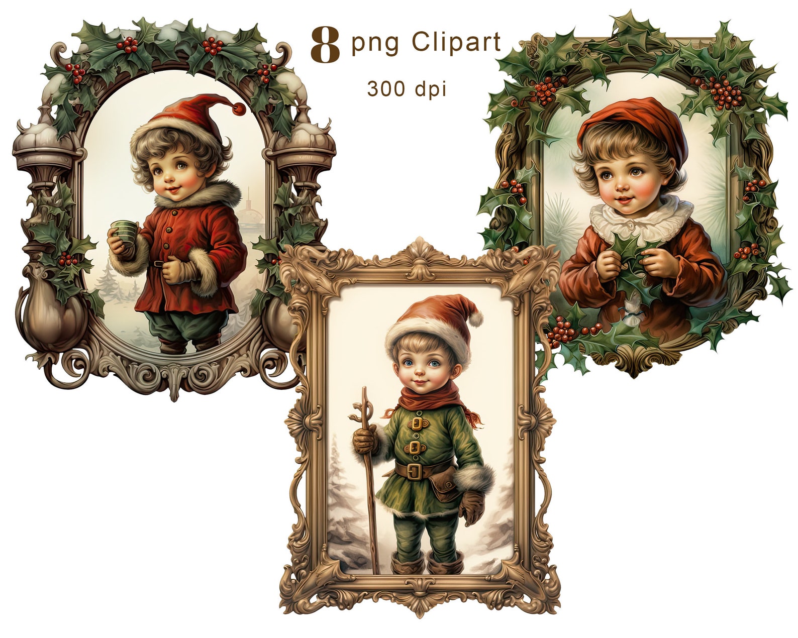 Vintage Christmas Elves, Holiday PNG Clipart, Elves in Frames Digital ...
