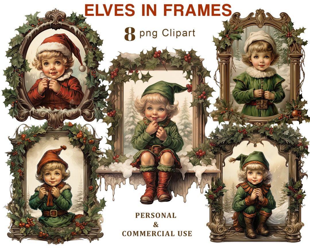 Vintage Christmas Elves, Holiday PNG Clipart, Elves in Frames Digital ...