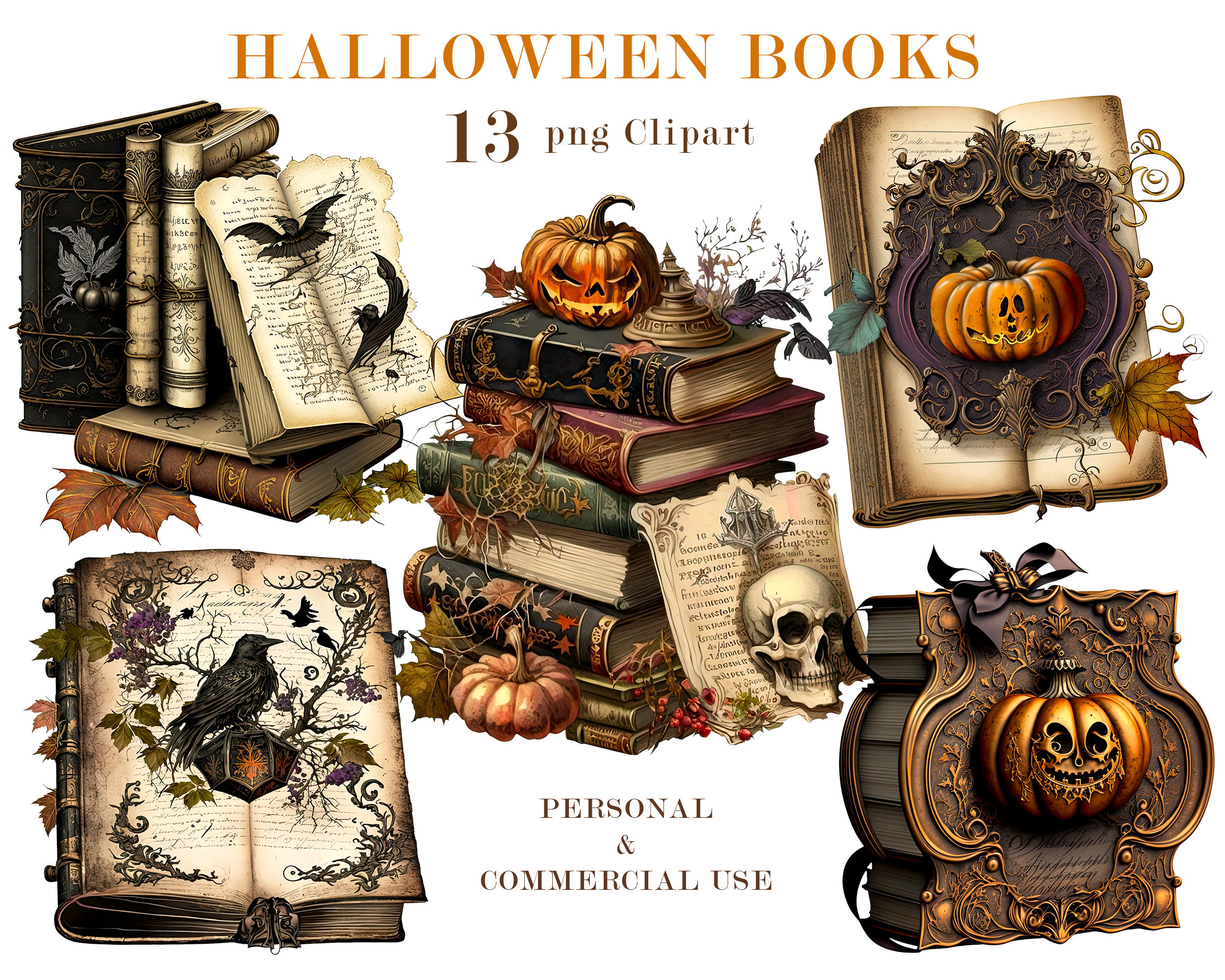 Halloween Books Watercolor Clipart Pumpkin Spell Books PNG - Etsy