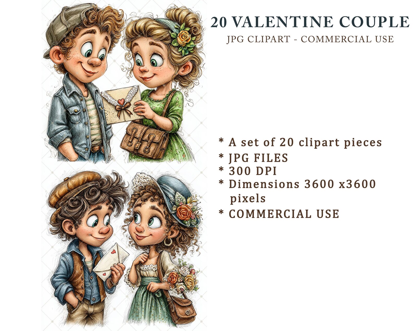 Valentine Couple Clipart, Love Letter, Illustrations for Scrapbooks ...