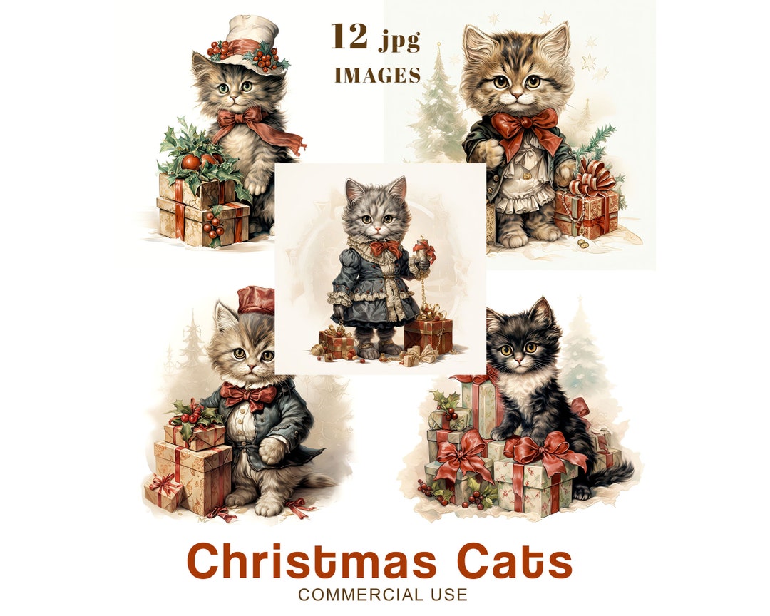Christmas Cat Clipart, Cute Christmas Kitten, Holiday JPG Graphics for ...