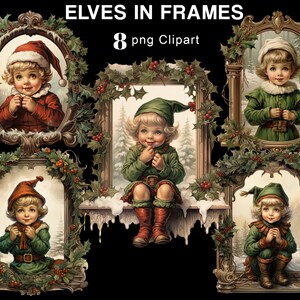 Vintage Christmas Elves, Holiday PNG Clipart, Elves in Frames Digital ...