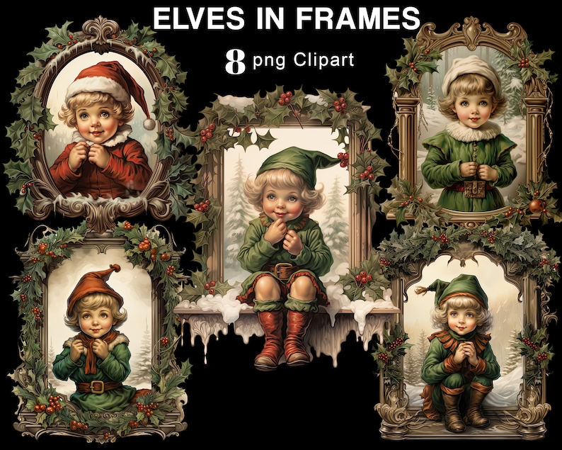 Vintage Christmas Elves, Holiday PNG Clipart, Elves in Frames Digital ...