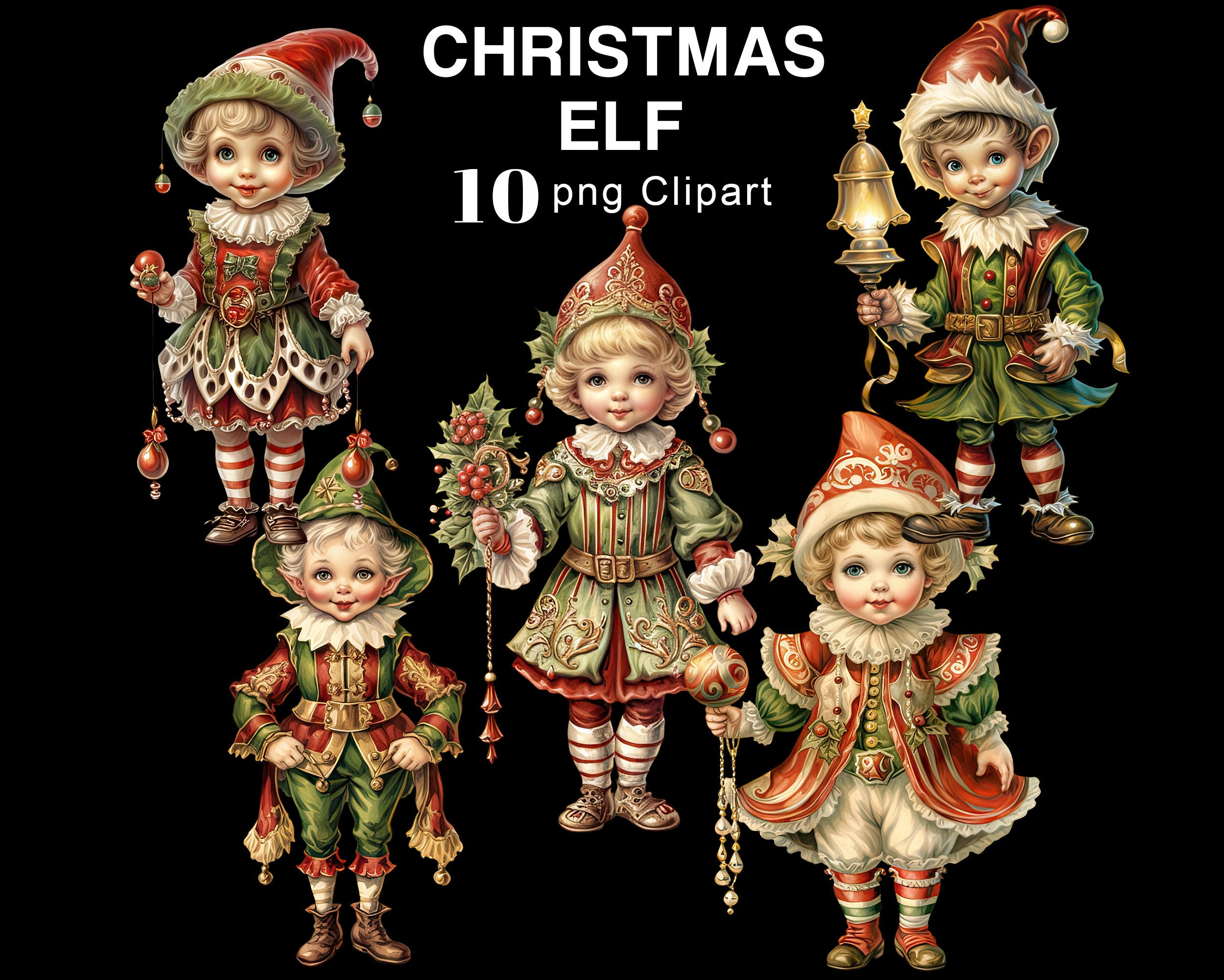 Vintage Christmas Elf Clipart, Elf PNG Clip Art, Winter Elves Graphics ...