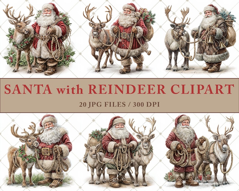 Santa With Reindeer Clipart: Vintage Christmas Holiday Printable ...