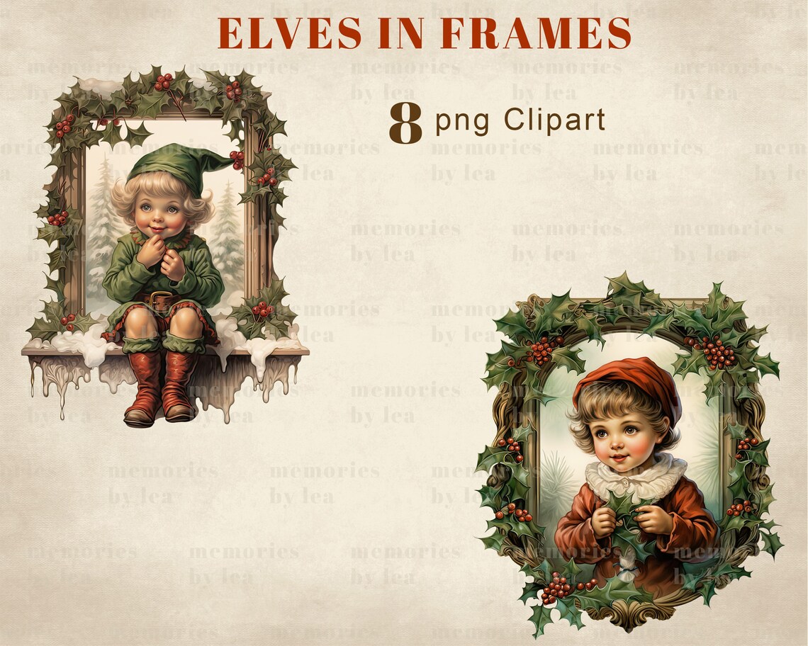 Vintage Christmas Elves, Holiday PNG Clipart, Elves in Frames Digital ...