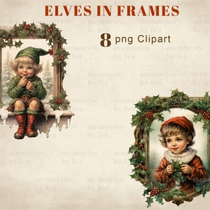 Vintage Christmas Elves, Holiday PNG Clipart, Elves in Frames Digital ...