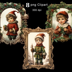 Vintage Christmas Elves, Holiday PNG Clipart, Elves in Frames Digital ...